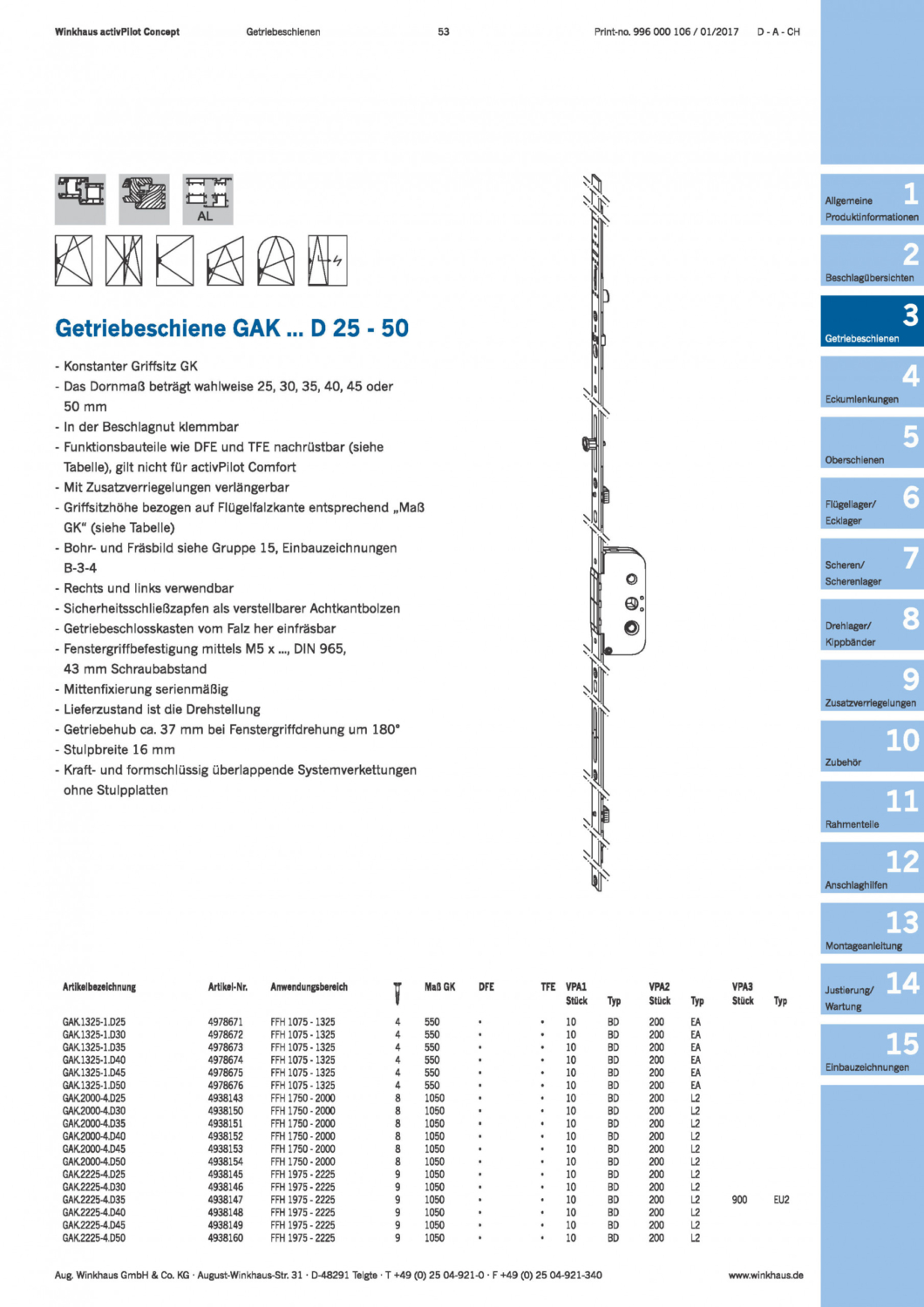 Winkhaus Getriebeschiene GAK ... D25 - D50